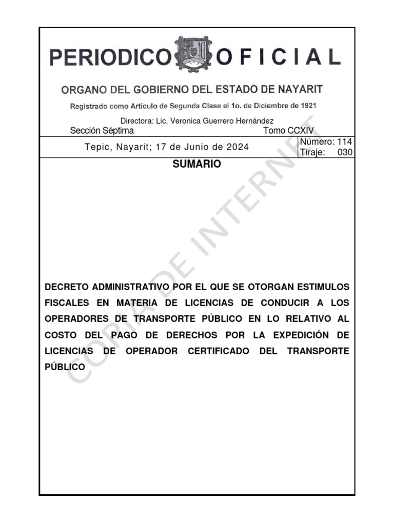 Sección Séptima Tomo Ccxiv Tepic, Nayarit 17 de Junio de 2024 Número ...