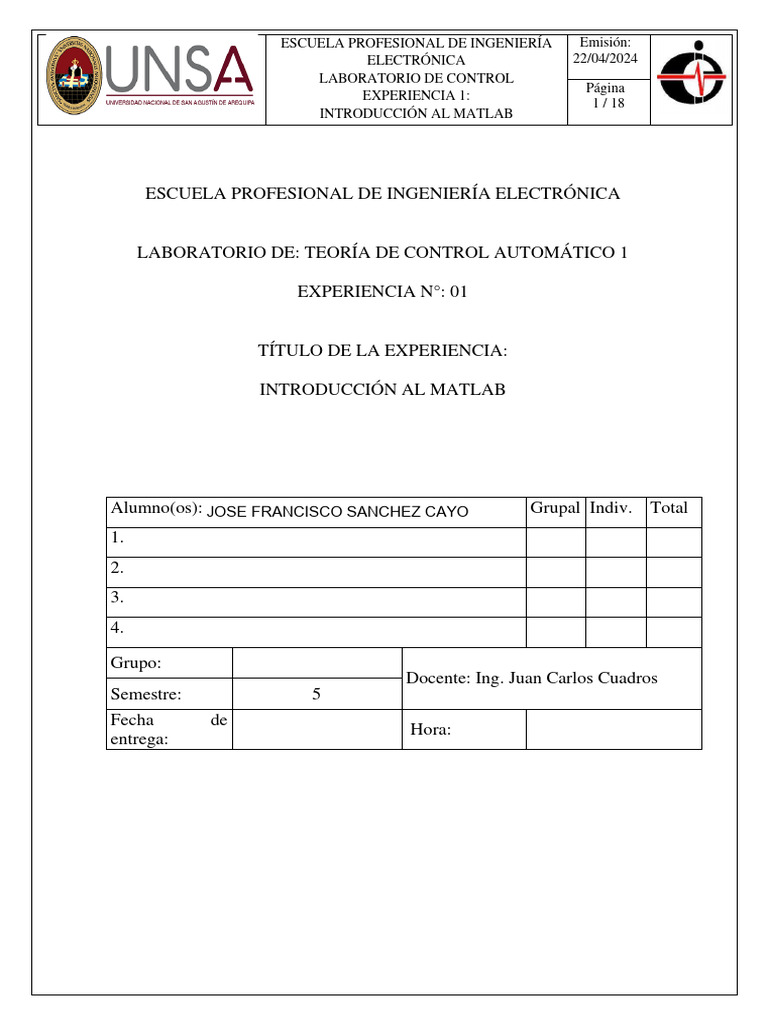 LABORATORIO 1 TCA1 - INTRODUCCION AL MATLAB v24 | PDF | Matriz ...