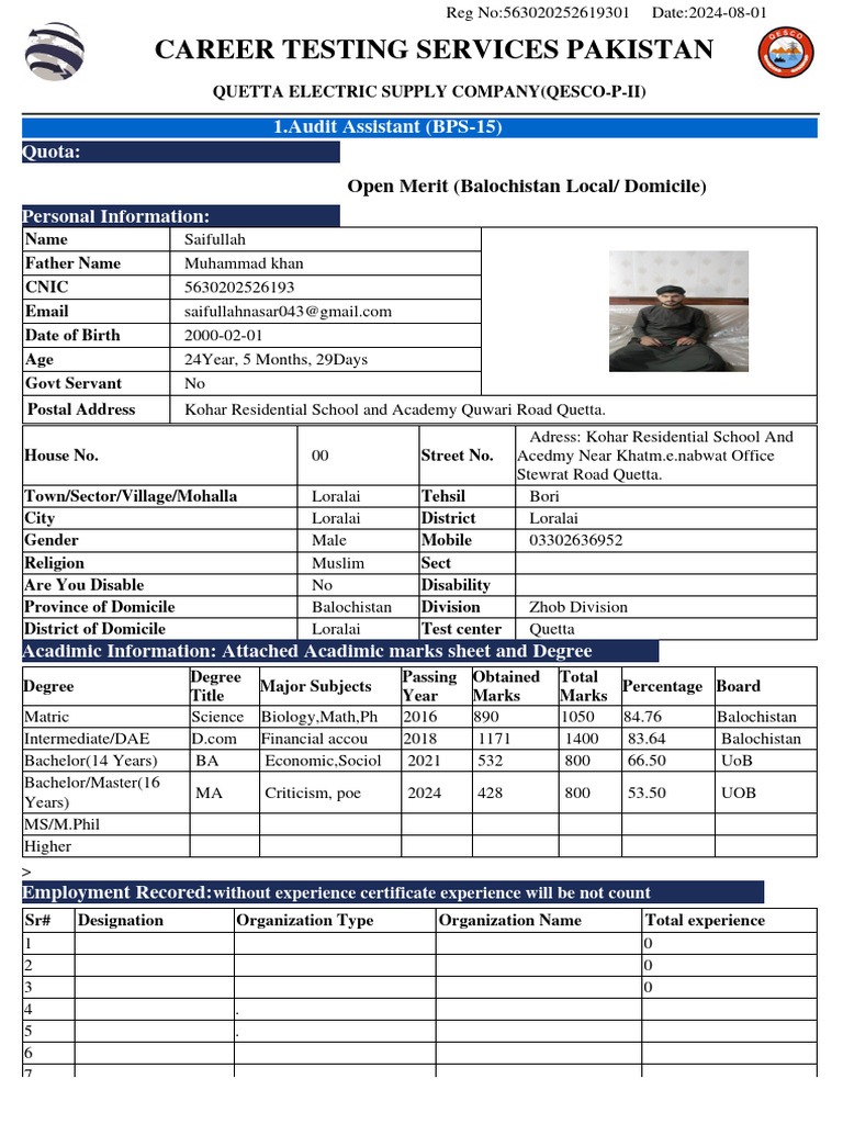 QESCO Audit Assistant Application Form | PDF | Finance & Money Management