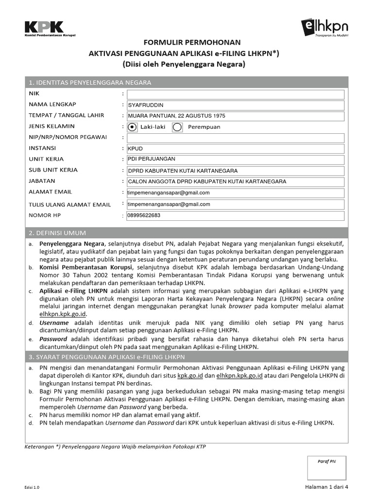 Formulir - Permohonan - Aktivasi - Penggunaan - Efiling Syafruddin | PDF