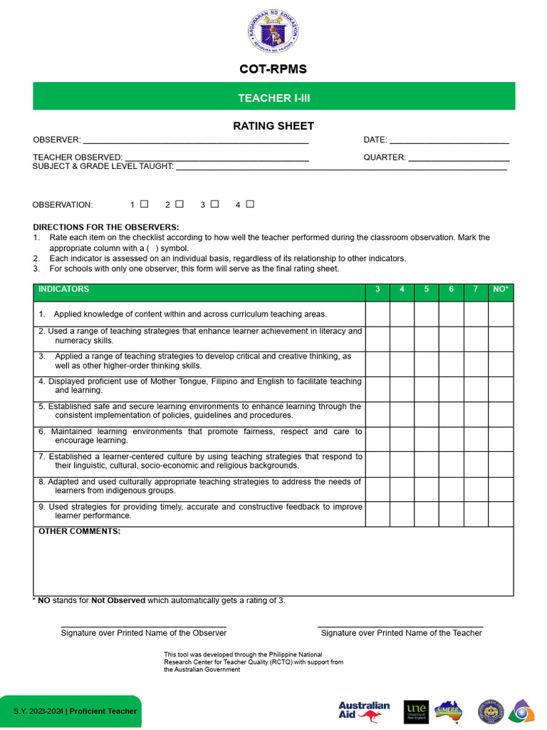 (Appendix C-03) COT-RPMS Rating Sheet For T I-III For SY 2023-2024 | PDF | Teachers | Learning