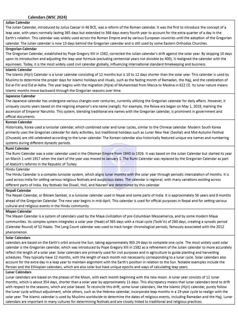 Calendars For Reference (2024 WSC) | PDF | Calendar