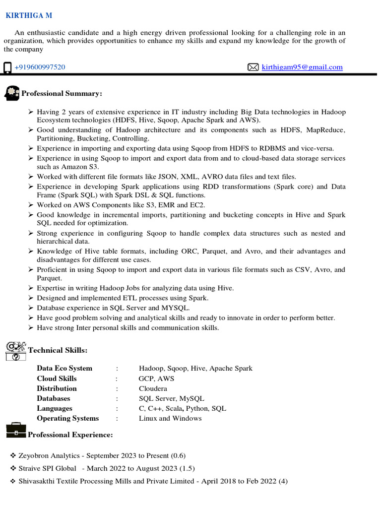 Kirthiga M_Resume | PDF | Apache Spark | Apache Hadoop