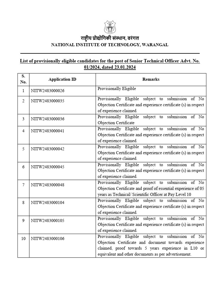 NIT Warangal Senior Technical Officer Eligibility List | PDF ...
