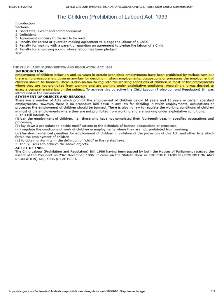 CHILD LABOUR (PROHIBITION AND REGULATION) ACT, 1986 - Chief Labour ...