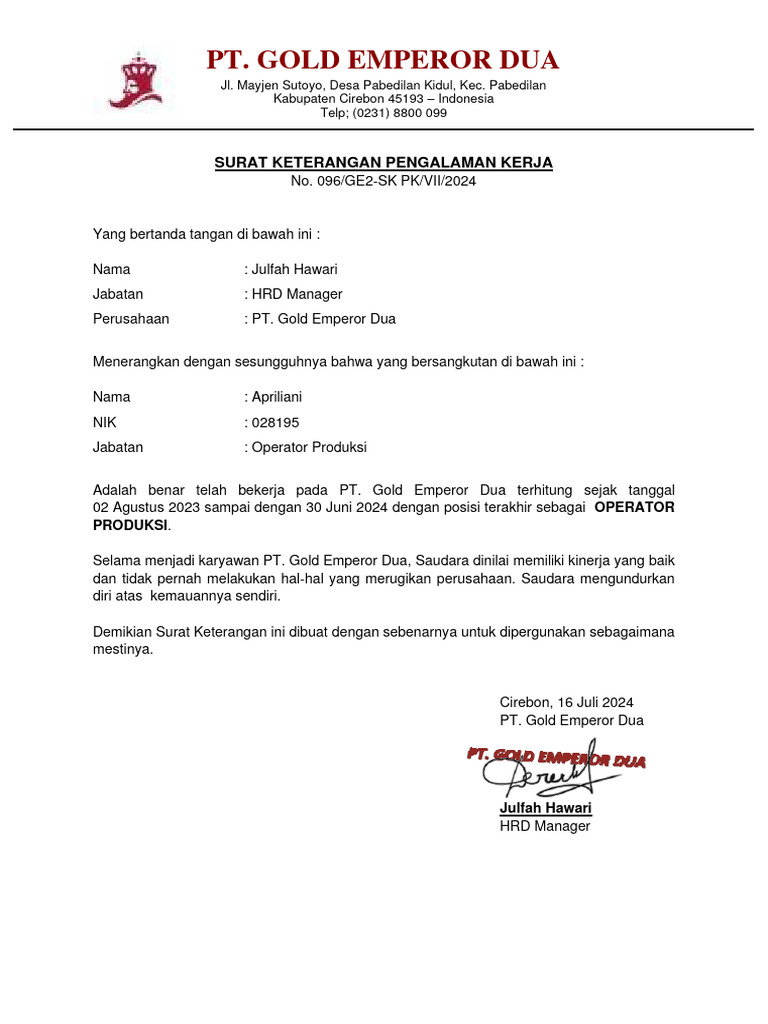 Surat Keterangan Pengalaman Kerja | PDF
