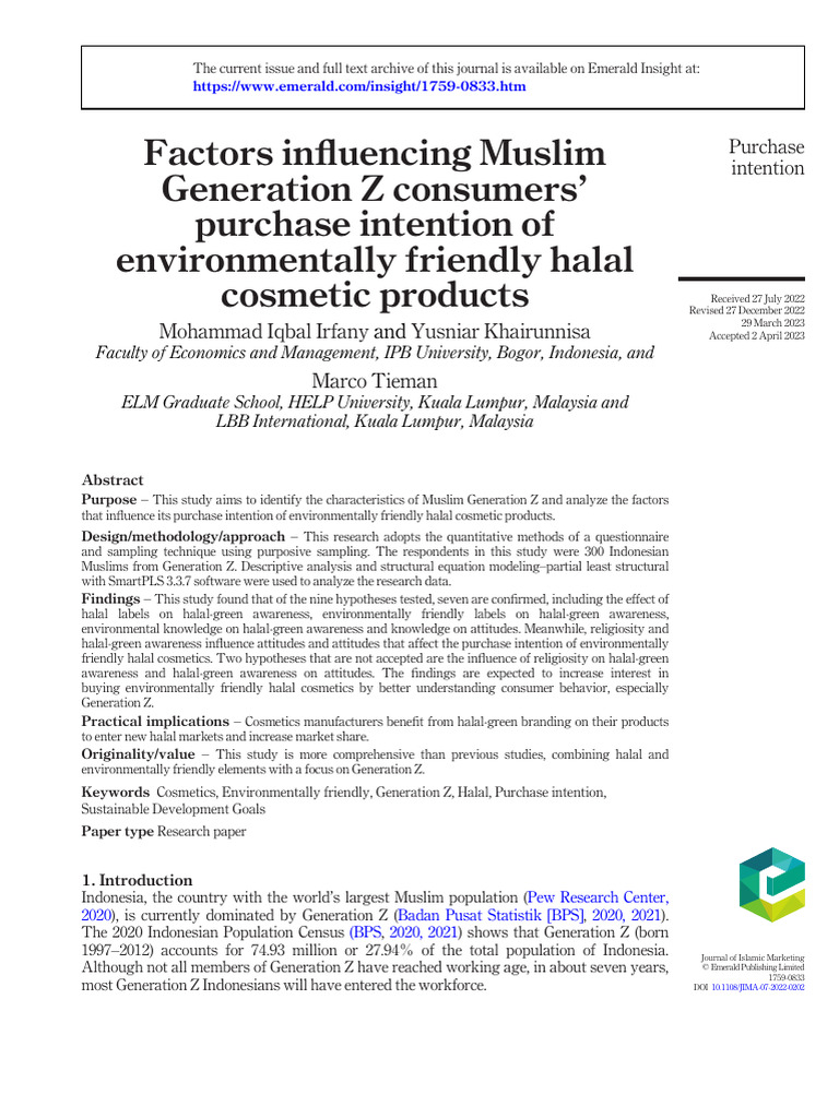 Factors Influencing Muslim Generation Z Consumers' Purchase Intention of Environmentally ...