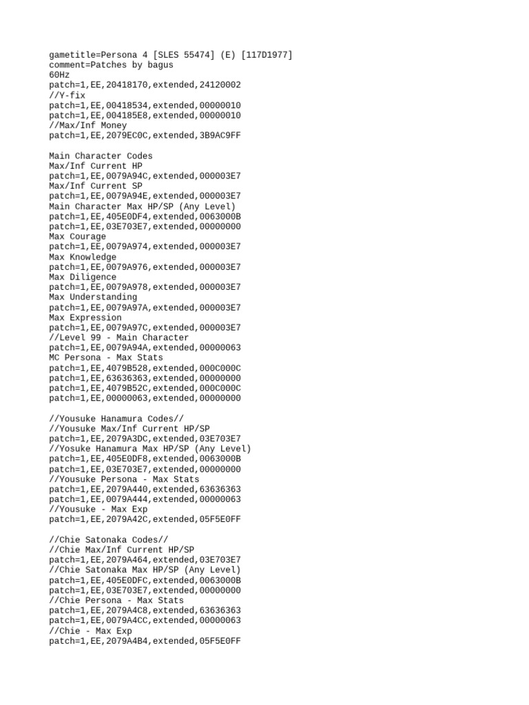 117D1977 - Persona4.pnach | PDF | Gaming | Japanese Role Playing Video Games