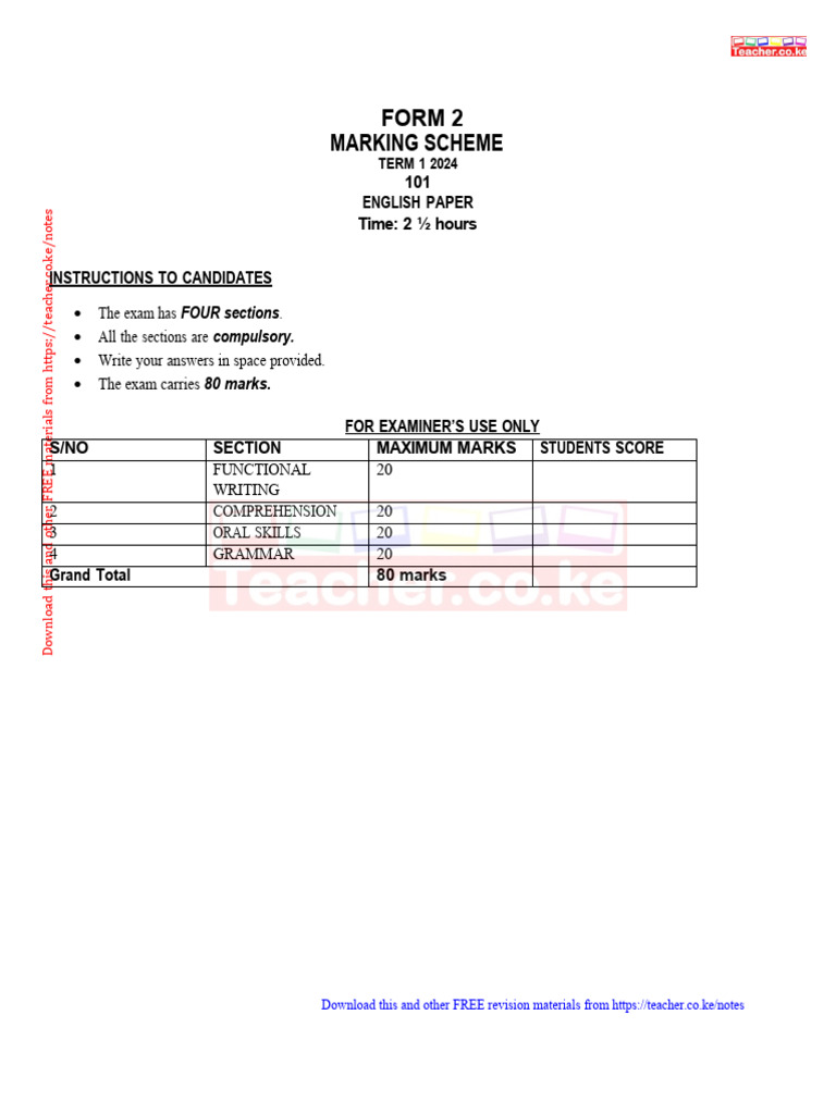English Form 2 Exam Term 1 Ms Teacher.co .Ke | PDF | Disciplines