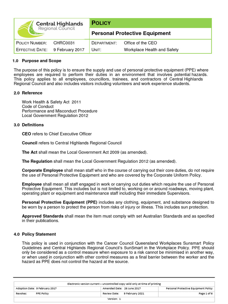 CHRC0031-Personal-Protective-Equipment-Policy | PDF | Personal ...
