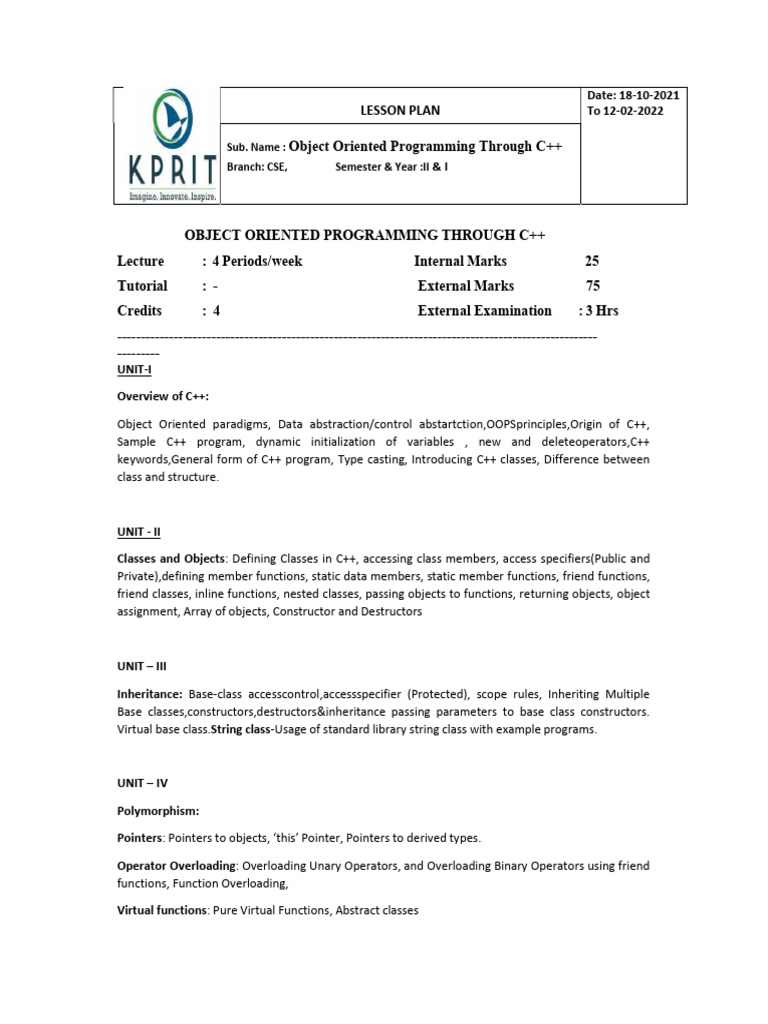 Course File Oops Using C 21 22 Pdf C Class Computer Programming 8581