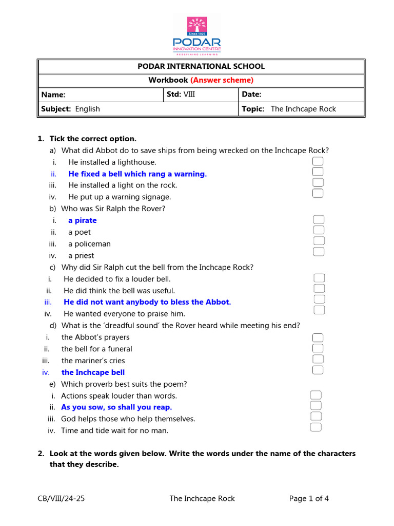 The Inchcape Rock: Class 8 Workbook Answers | PDF | Social Science