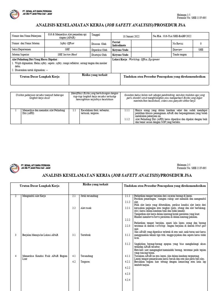 JSA Memeriksa Alat Pemadam Api Ringan (APAR) | PDF