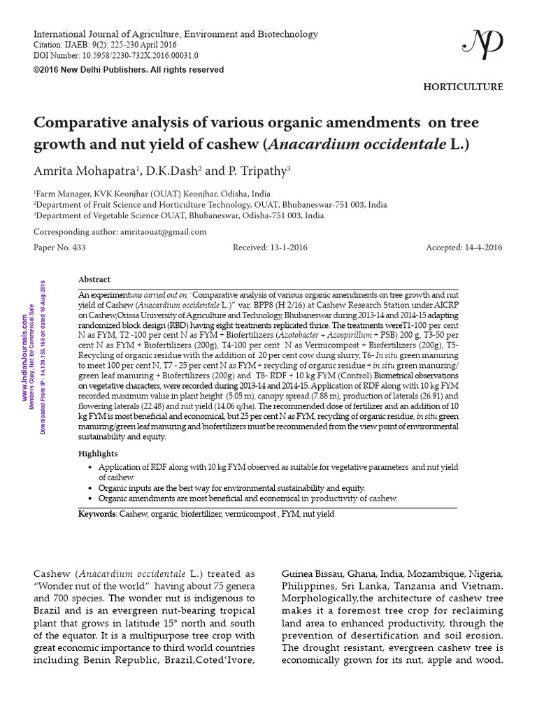 Organic Amendments On Tree Growth and Nut Yield of Cashew | PDF ...