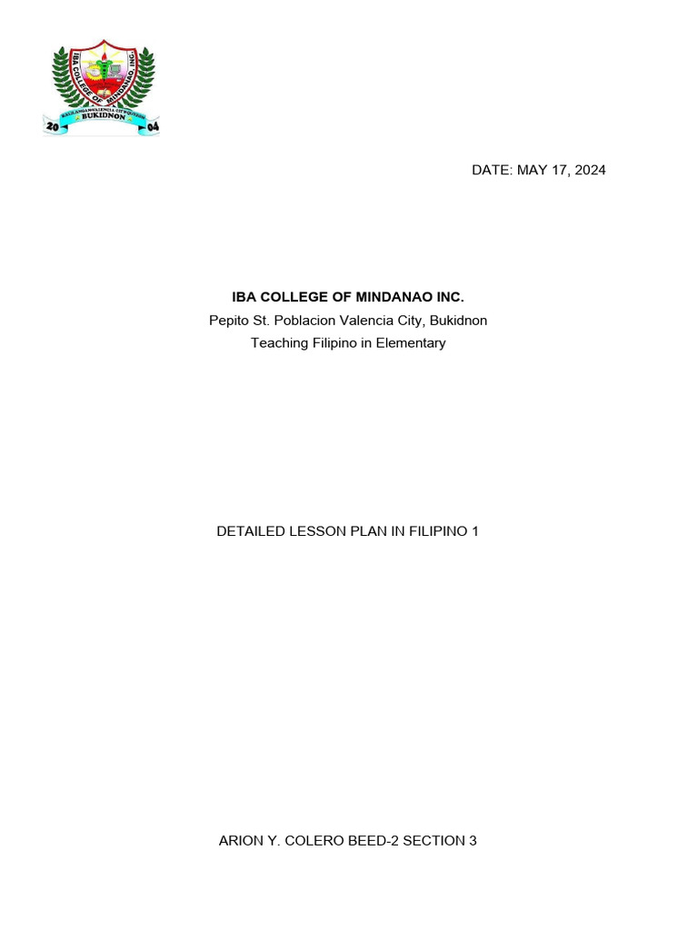 Detailed Lesson Plan in Filipino 1 | PDF
