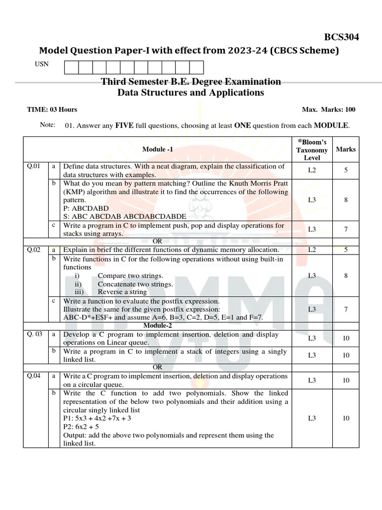 DSA Model Question Paper 2023-24 | PDF | Queue (Abstract Data Type ...
