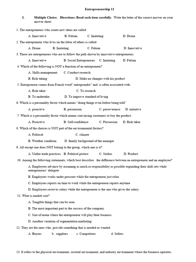 Entrep Exam 1st | PDF | Marketing | Entrepreneurship