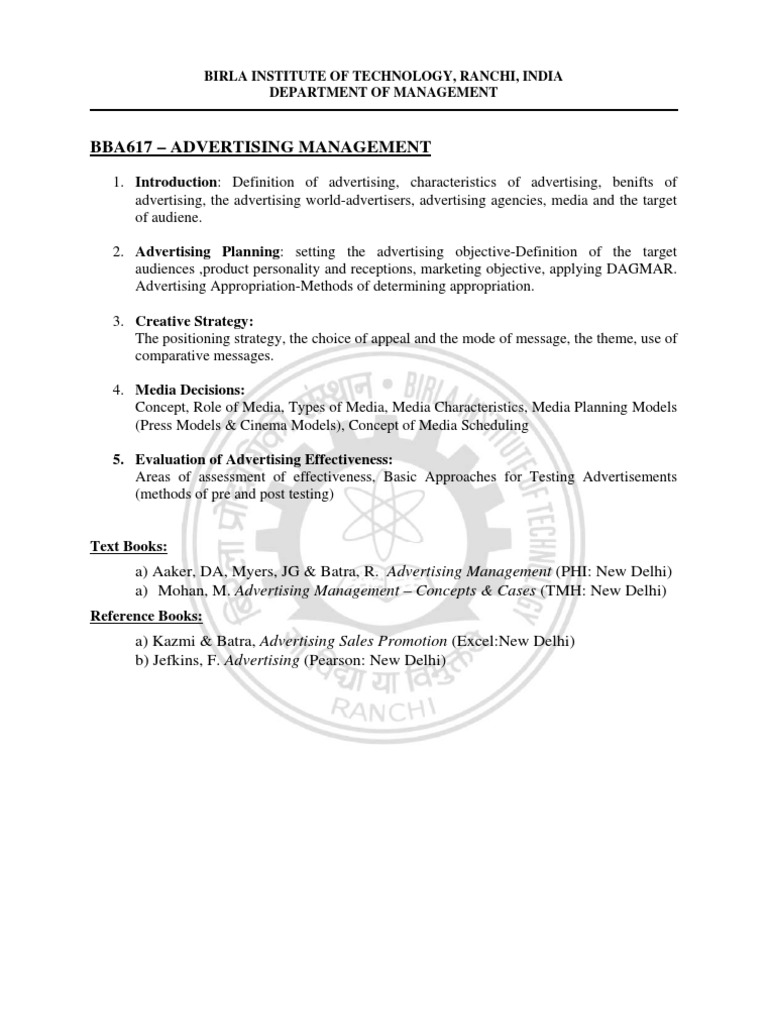 Advertising Management Syllabus | PDF