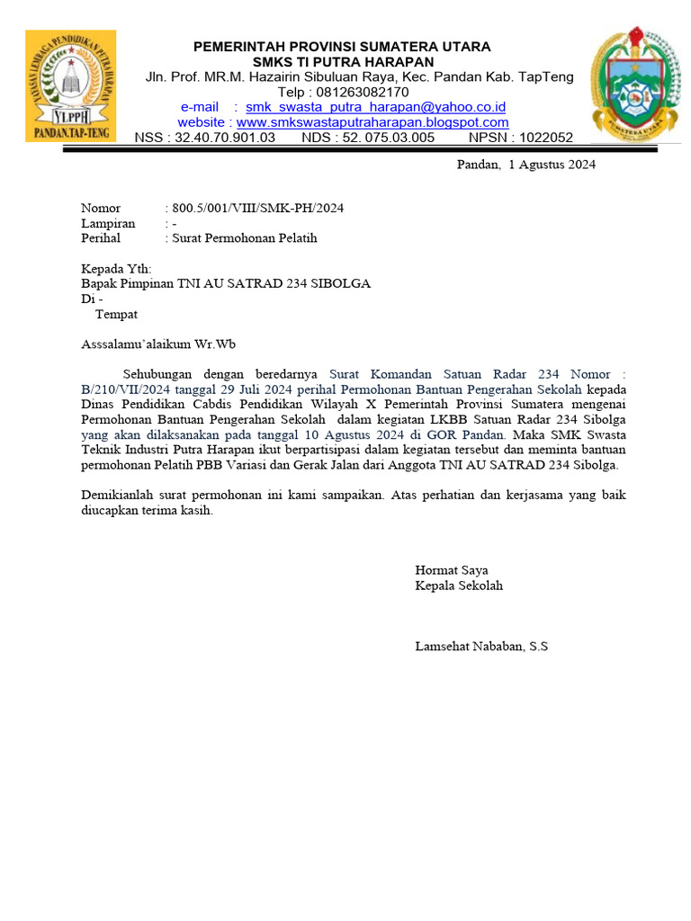 Surat Permohonan Pelatih PBB ke SATRAD 234 | PDF