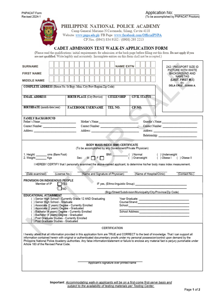 PNPA Cadet Admission Test Walk-In Form | PDF | Body Mass Index | Mindanao