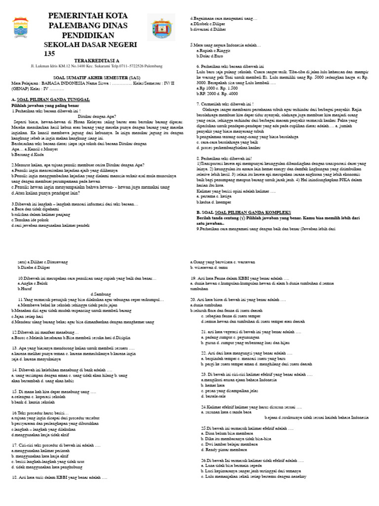 Soal Sas BHS Indonesia KLS 4 KKG | PDF