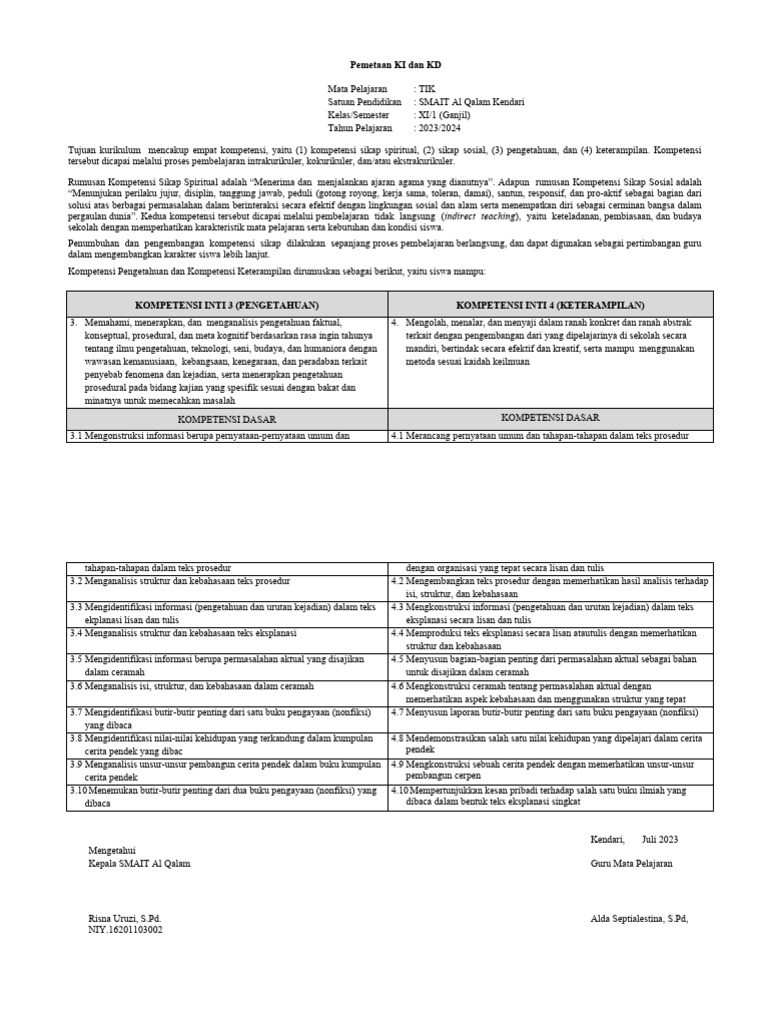 Pemetaan KI Dan KD TIK XI SMT 1 | PDF