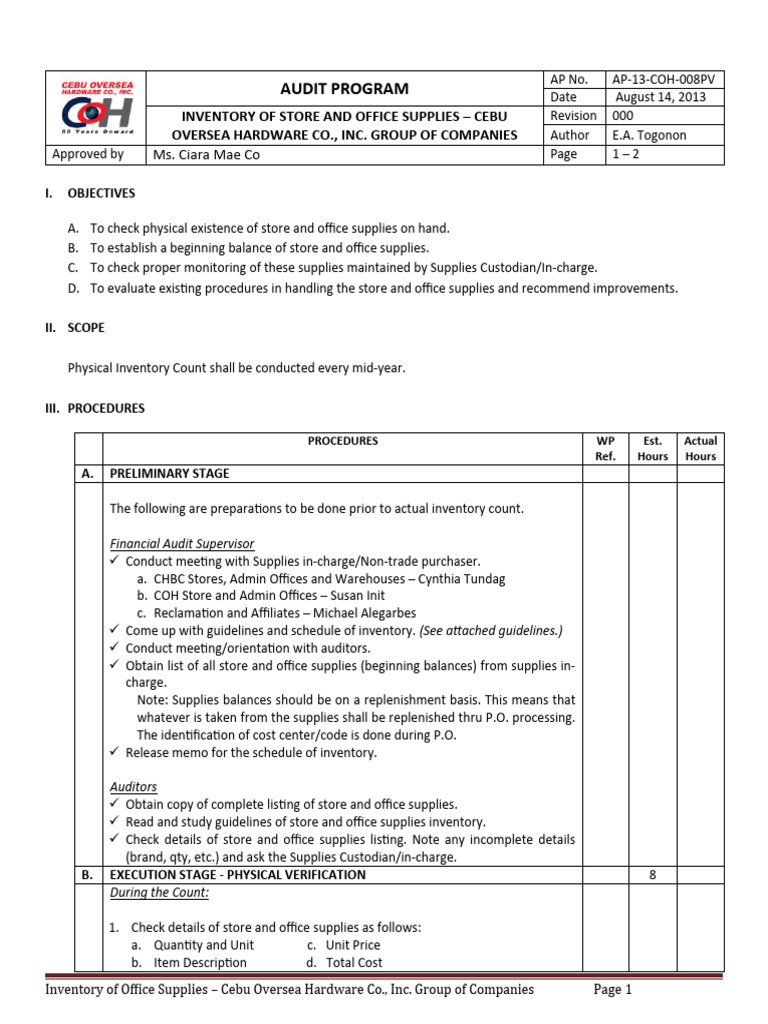AP 13 COH 008PV - SuppliesInventory | PDF | Audit | Inventory