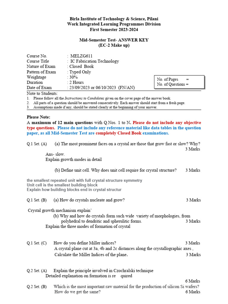 MEL ZG611 Midsem Makeup Answer Key | PDF | Thin Film | Epitaxy