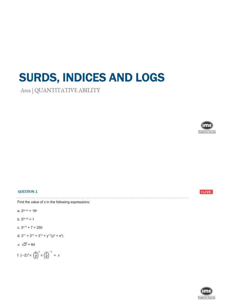 Surds, Indices and Logs Last Round Workshops | PDF