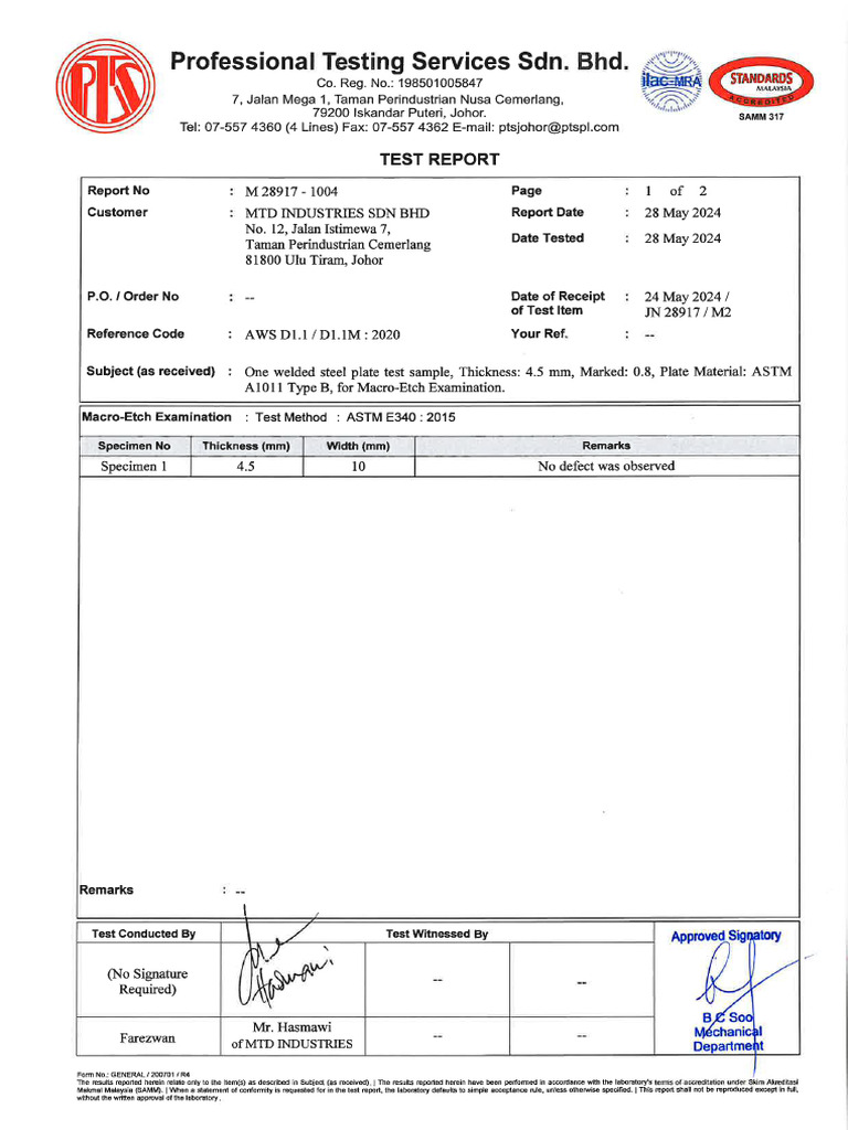 PTS Macro Test Report (Marked 0.8mm) | PDF