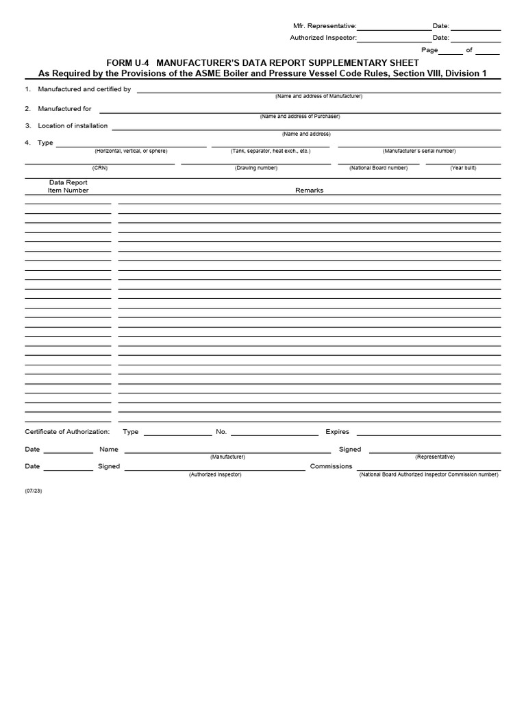 FORM U-4 MANUFACTURERS DATA REPORT SUPPLEMENTARY SHEET 2023 Edition | PDF