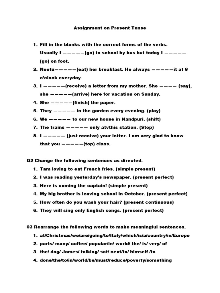 Present Tense Complete Assignment | PDF