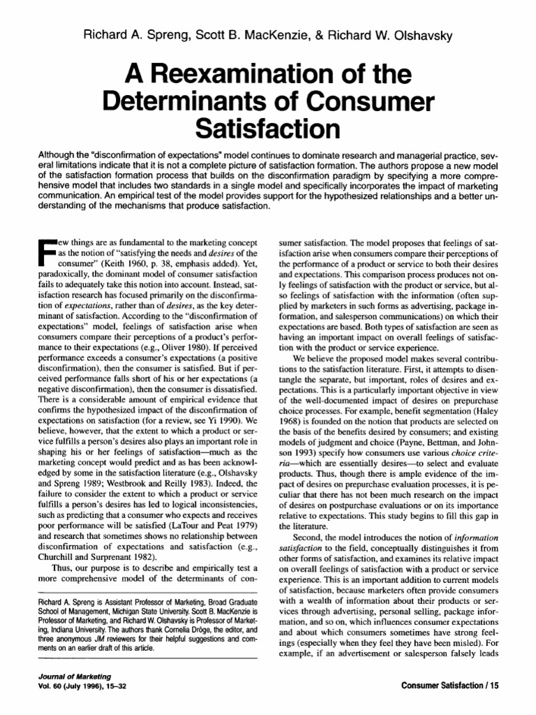 Consumer Satisfaction Determinants | PDF | Marketing | Customer Satisfaction