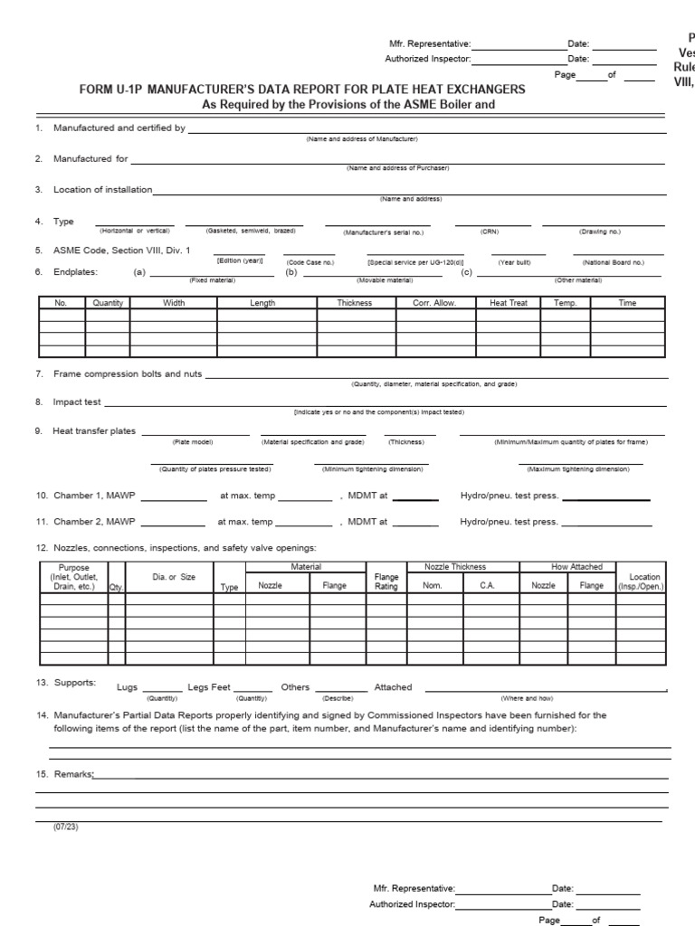 FORM U-1P MDR-PHE 2023 Edition | PDF | Boiler | Heat Exchanger