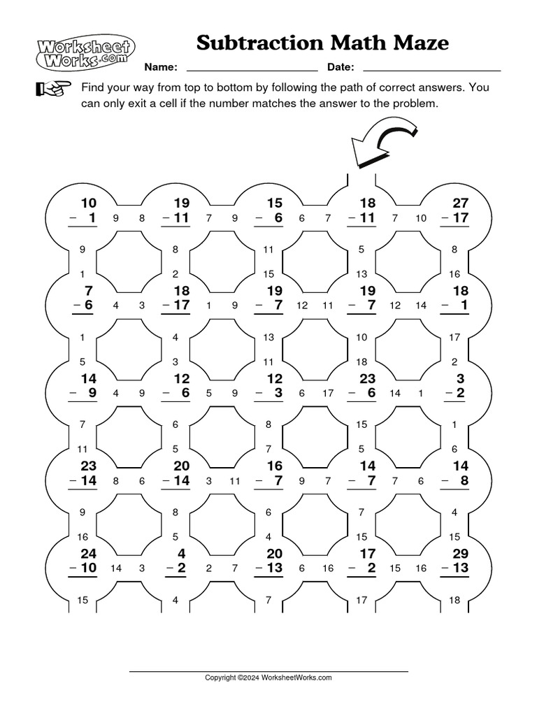 WorksheetWorks Subtraction Math Maze 2 | PDF