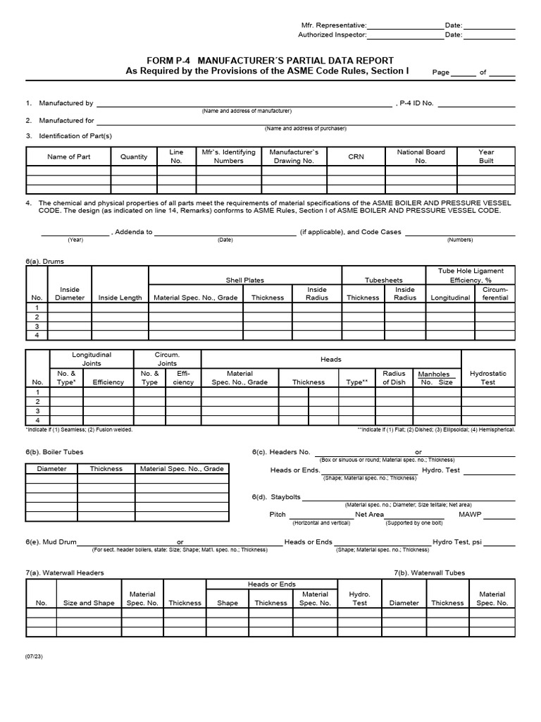 FORM P-4 MANUFACTURERS PARTIAL DATA REPORT Edit2023 | PDF | Boiler | Mechanical Engineering