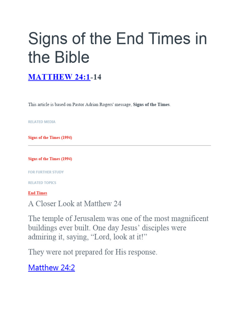 Biblical Signs of the End Times | PDF | Jesus | Gospel Of Matthew