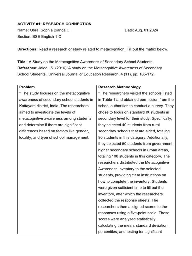 EDUC70 Activity1 PIA | PDF | Metacognition | Learning