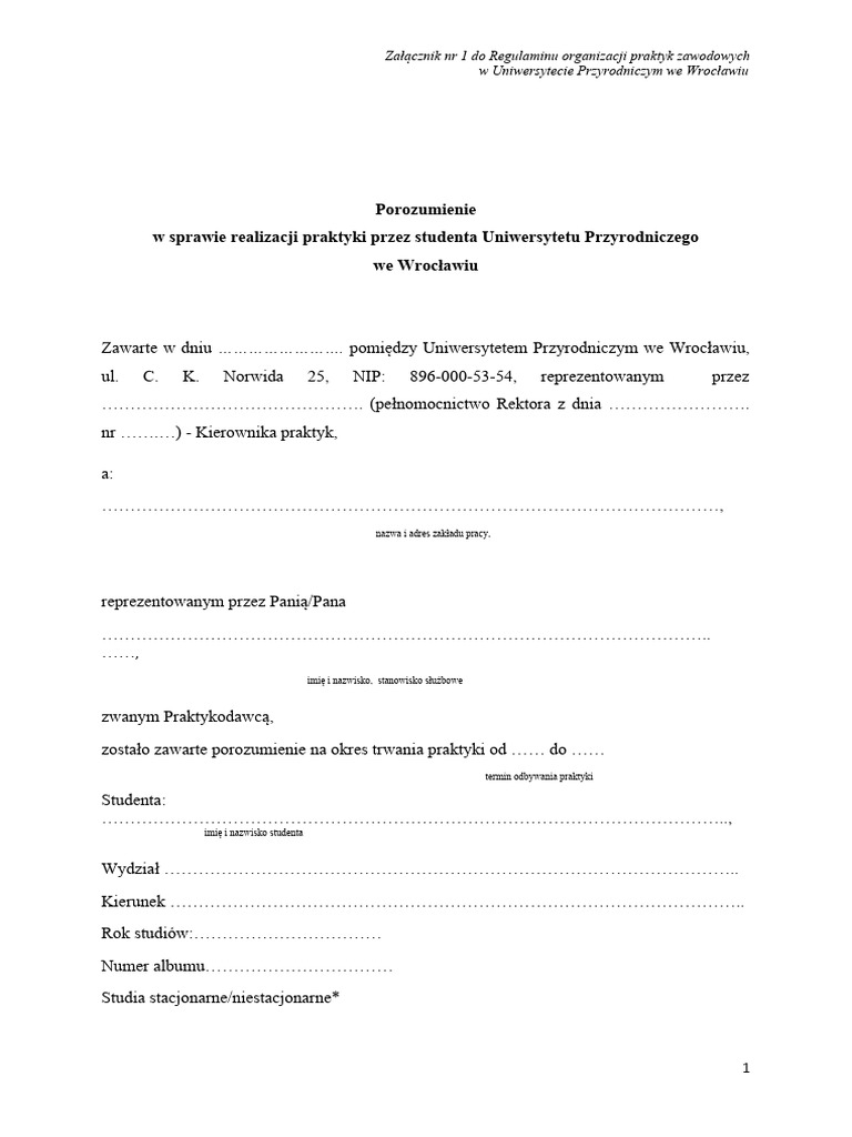 Zalacznik NR 1 Porozumienie W Sprawie Realizacji Praktyk-1 | PDF