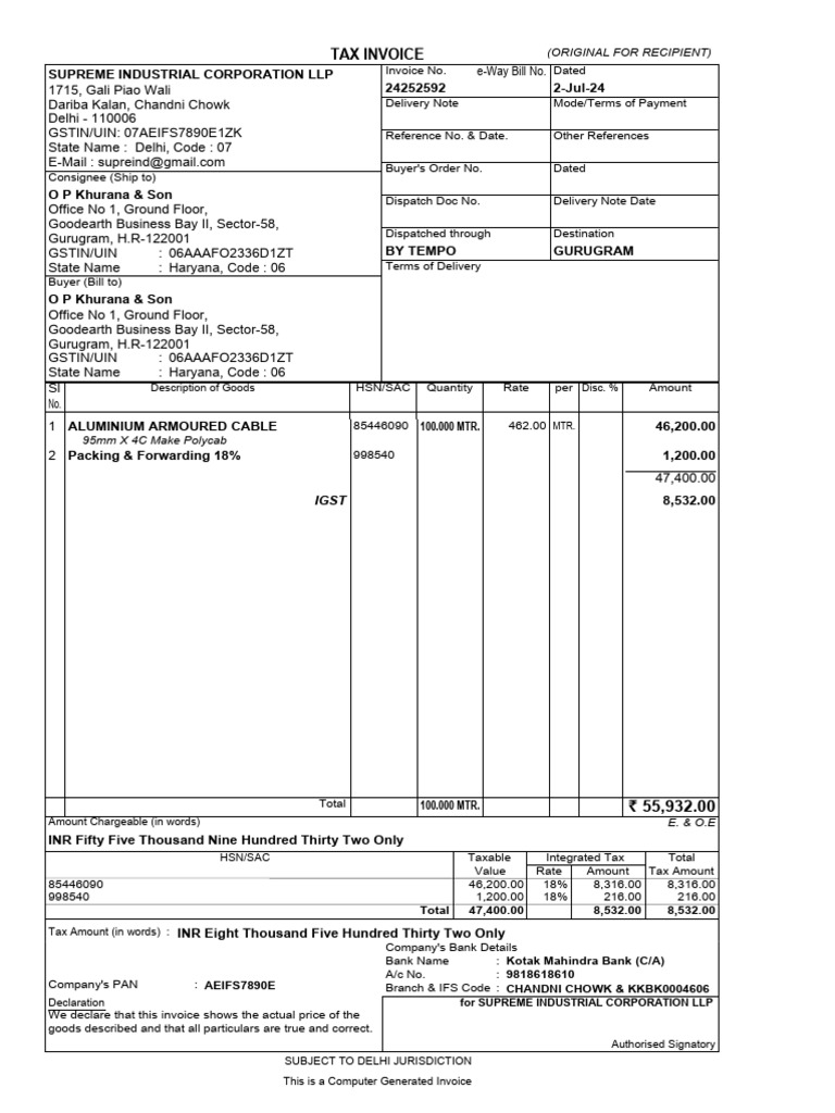 Supreme Industrial Tax Invoice | PDF | Invoice | Economies