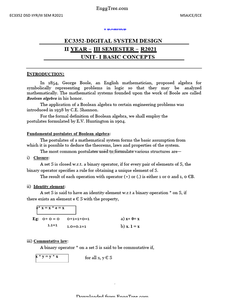 EC3352 Digital Systems Design Notes | PDF | Algebra | Boolean Algebra