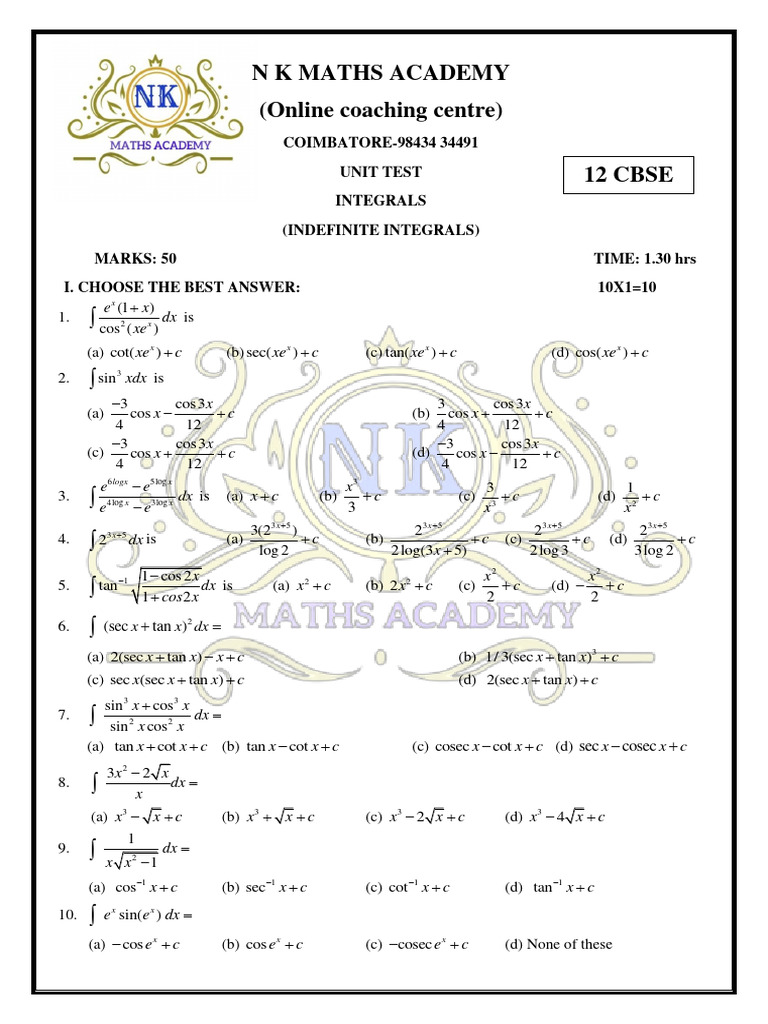 Indefinite Integrals Unit Test | PDF