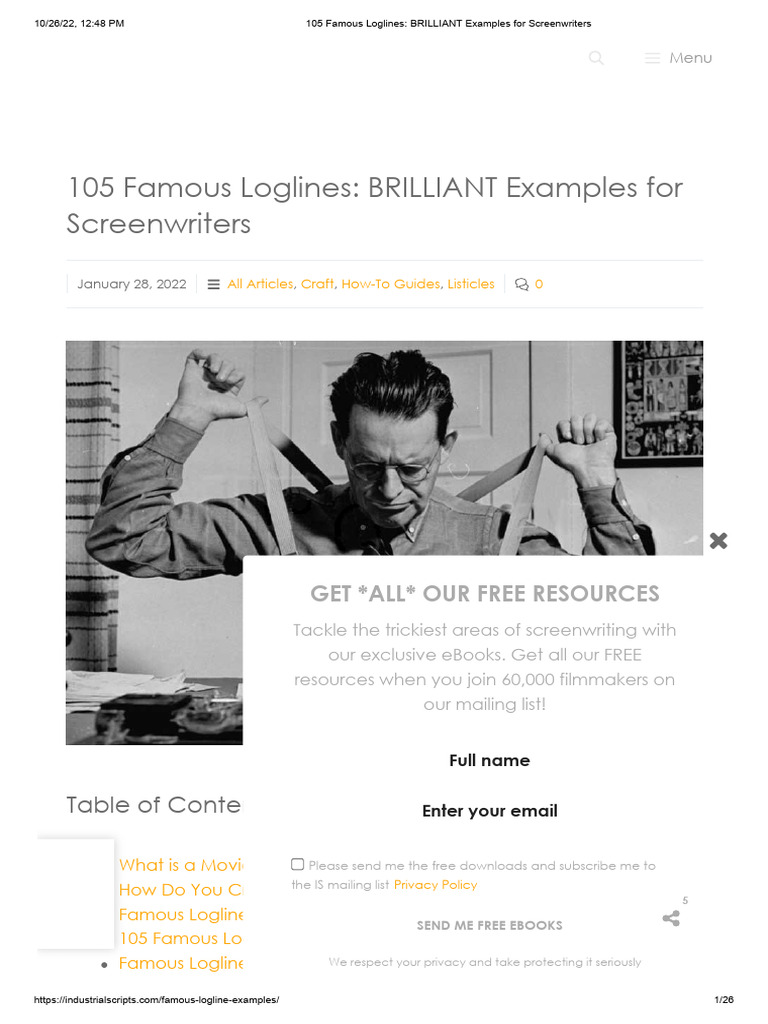 105 Famous Loglines - BRILLIANT Examples For Screenwriters | PDF | Privacy