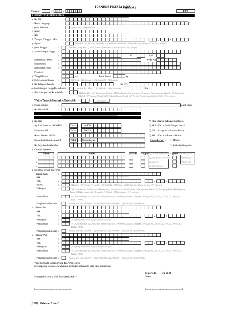 Formulir Peserta Didik F PD | PDF