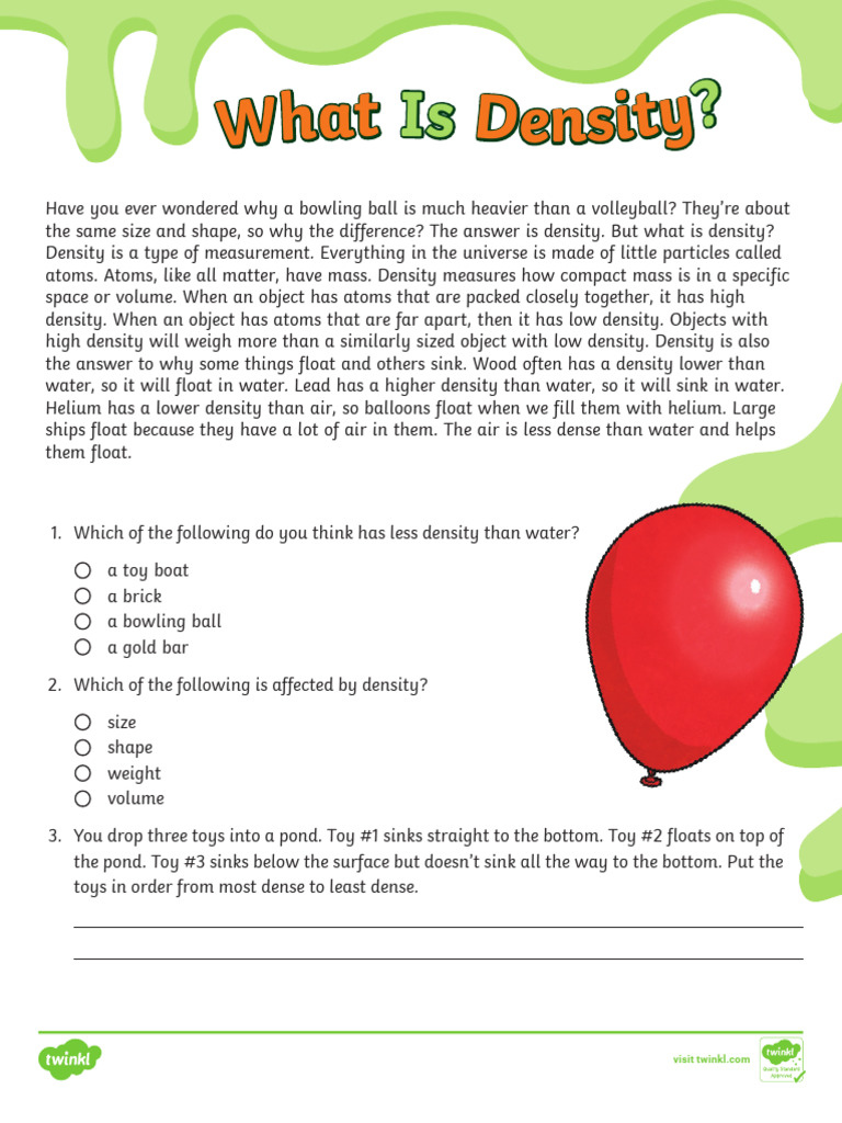 Color Fifth Grade What Is Density Reading Passage Comprehension ...