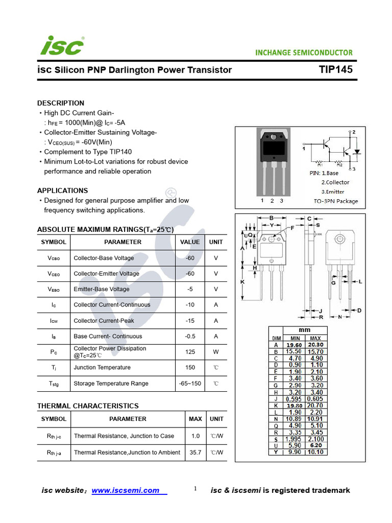 tip145 | PDF | Bipolar Junction Transistor | Manufactured Goods