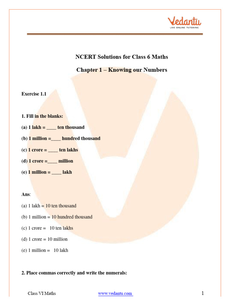 NCERT Solutions For Class 6 Maths Chapter 1 Knowing Our Numbers. | PDF ...