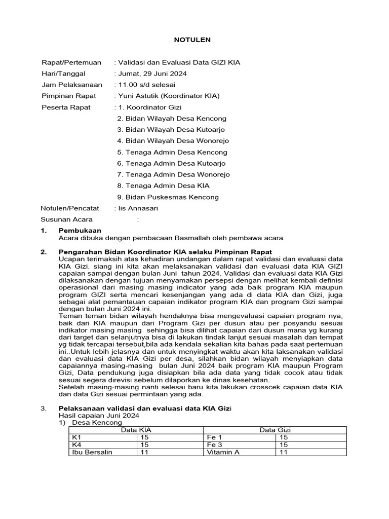 NOTULEN VALIDASI DATA KIA GIZI JUlI 24 | PDF