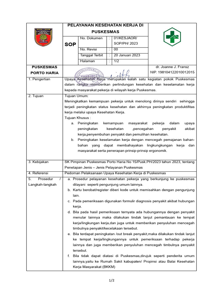 Sop Pelayanan Kesehatan Kerja Di Puskesmas | PDF
