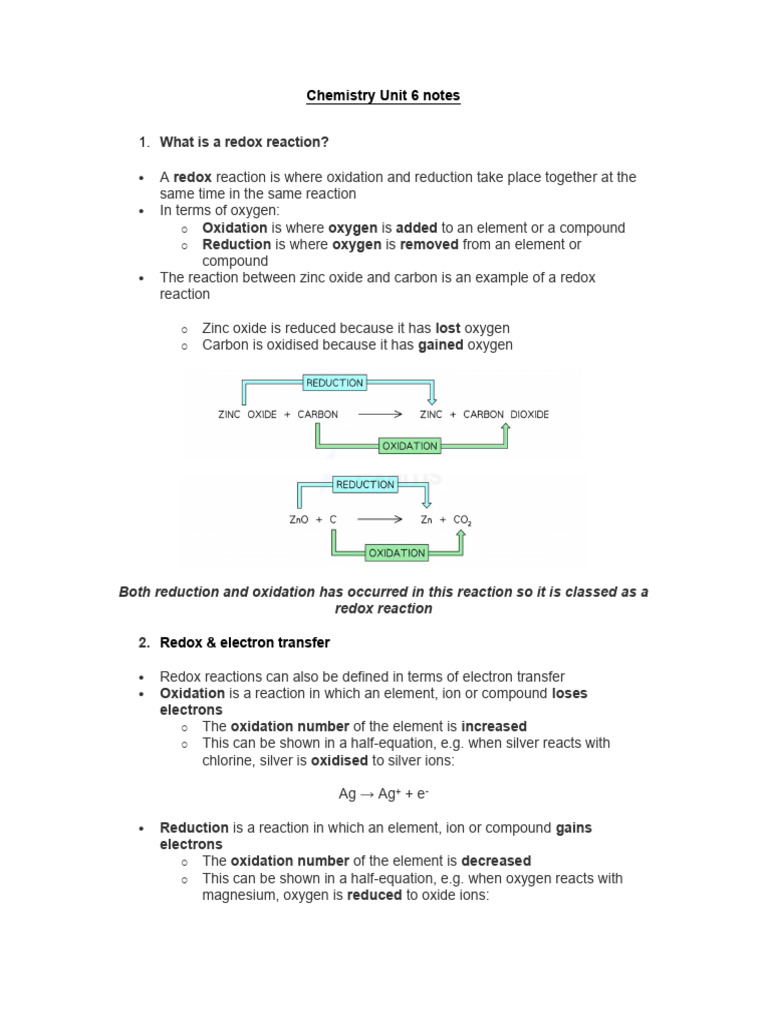 chemistry_unit_6_notes | PDF | Redox | Chemical Reactions